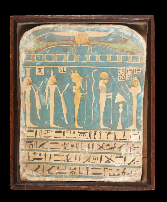 Bonhams : An Egyptian wood polychrome and gilt stele for Meresamun