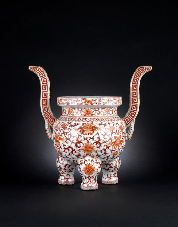 Bonhams An Iron Red Enamelled Tripod Incense Burner Jiaqing Six