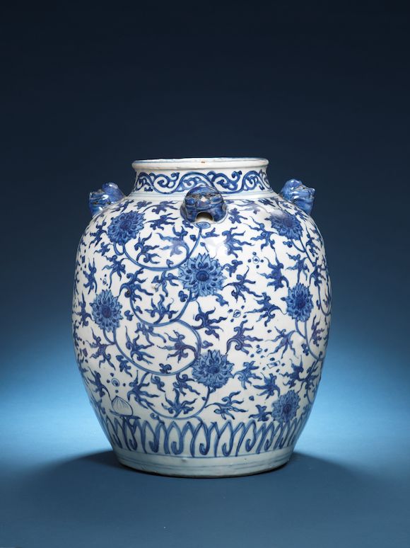 Bonhams : A large blue and white oviform jar Wanli