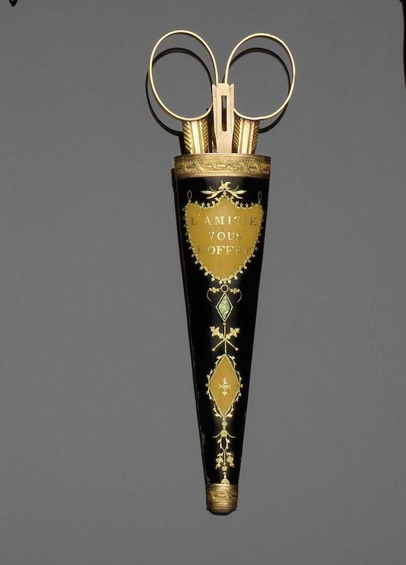 Bonhams : A 19th century French gold and enamelled scissor case