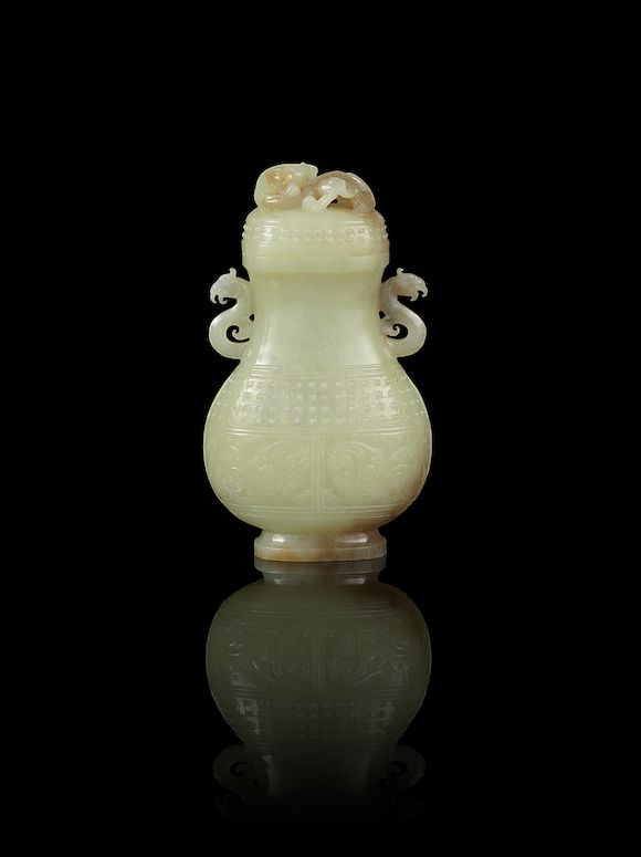 Bonhams : A rare yellow jade archaistic flattened vase and cover 18th ...