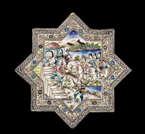 Bonhams : A large Qajar underglaze-painted moulded pottery Star Tile ...