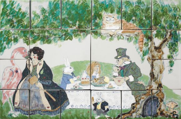 Bonhams : European 'The Mad Hatter's Tea Party' a Painted Tile Panel ...