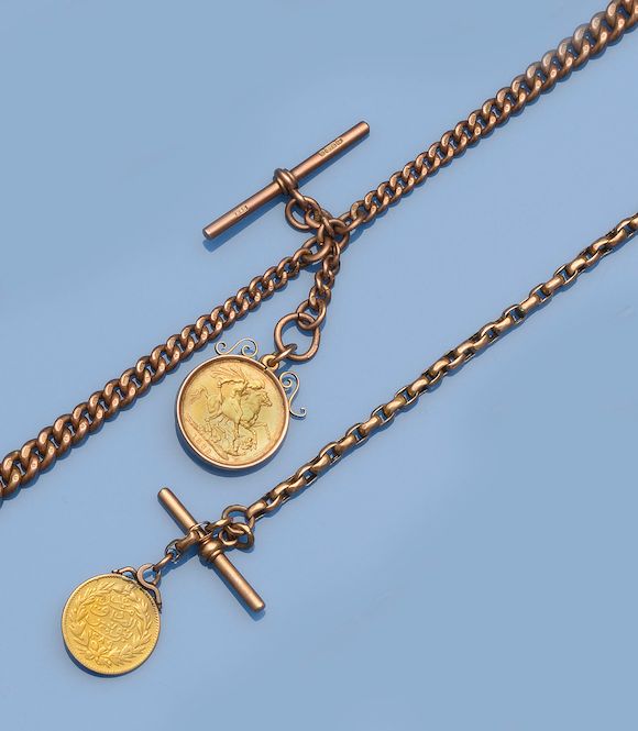 Bonhams : A 9ct gold Albert chain with sovereign pendant (2)