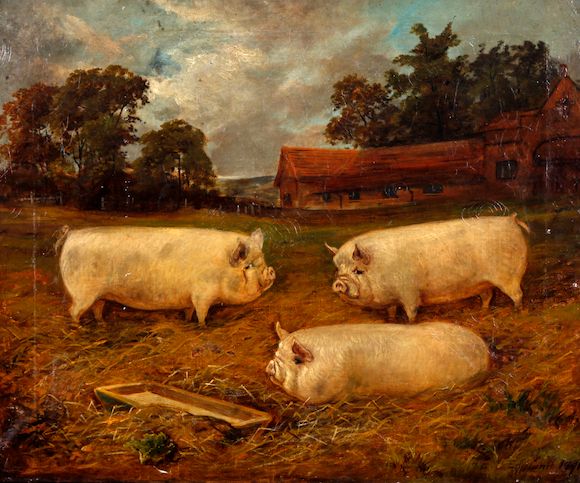 Bonhams : E. S. England (British, 19th/20th century) Three pigs before ...