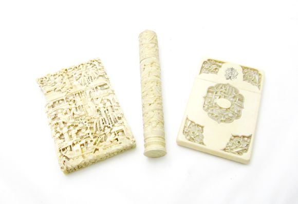 Bonhams : Two Canton export ivory card cases and a needle case 19th century