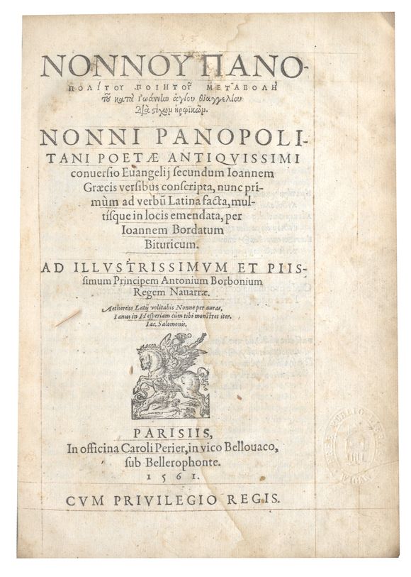 Bonhams : NONNUS, of Panopolis [Greek text] Nonni Panopolitani poetae ...