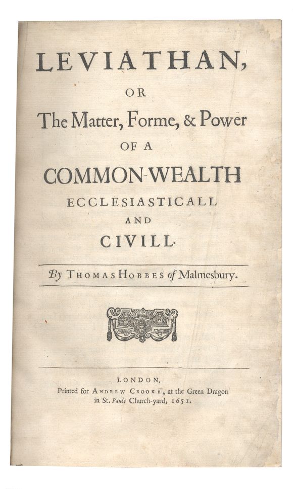 Bonhams : HOBBES (THOMAS) Leviathan, or, the Matter, Forme, & Power of ...