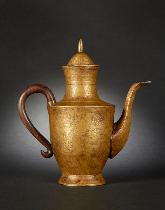 Bonhams : A gilded metal ewer and cover Qianlong four-character mark
