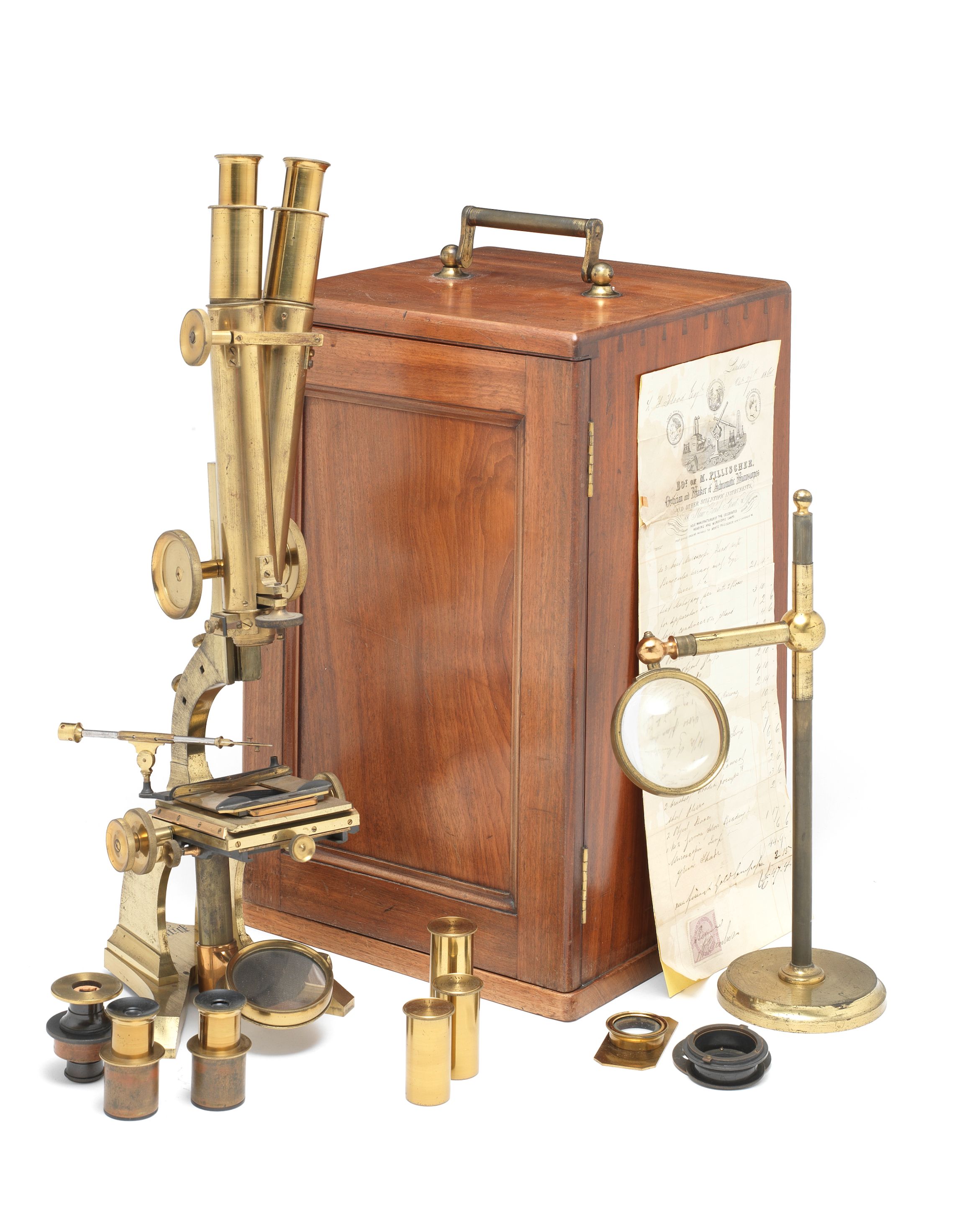 Bonhams : A Marice Pillasicher binocular compound microscope, English, dated 1864,