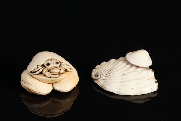 Bonhams : Two ivory netsuke of shell fish