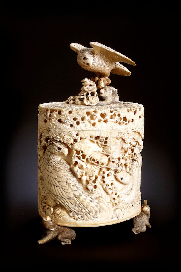 Bonhams : A Japanese carved ivory box and cover Meiji