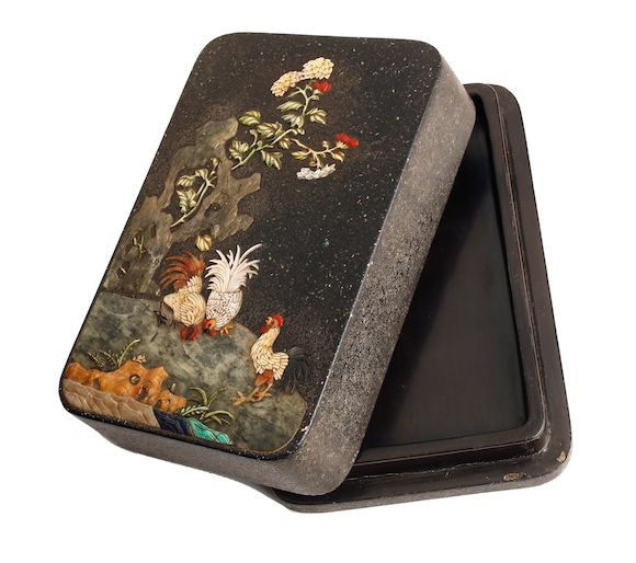 Bonhams : A Chinese lacquer ink-stone box with mother-of-pearl, jade ...