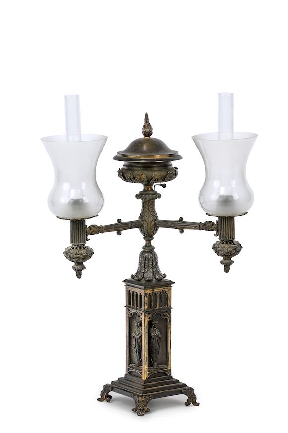 Bonhams : A Gothic Revival patinated bronze twin burner argand table ...