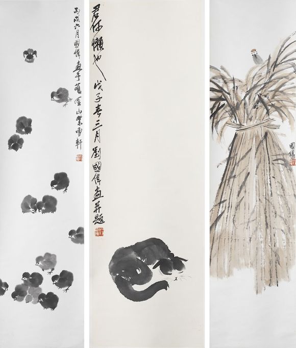 Bonhams : Liu Guowei (Gary Lau, b.1948) Cat, Chicks, Birds and Straw