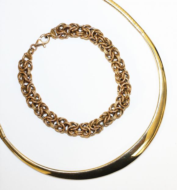 Bonhams : A 9ct gold collar necklace, and a 9ct gold bracelet, (2)