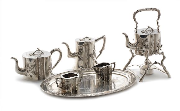 Bonhams : A matched five-piece Chinese silver tea service and oval tray ...