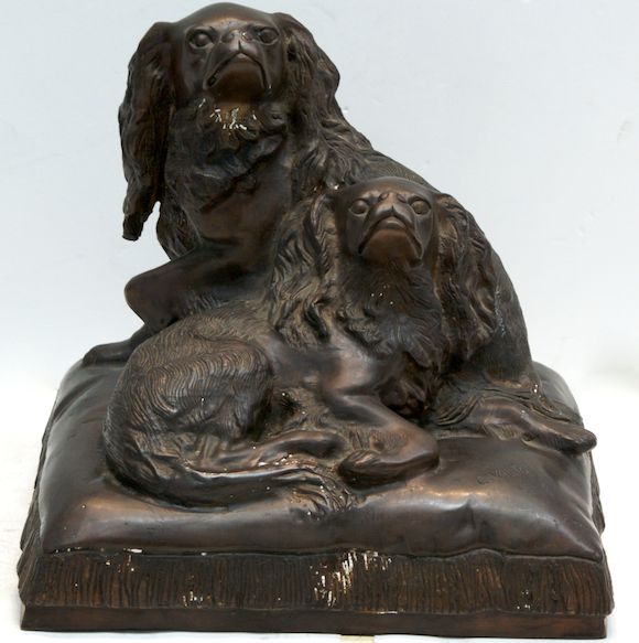 Bonhams : A large bronze group of two King Charles Spanielsafter a ...