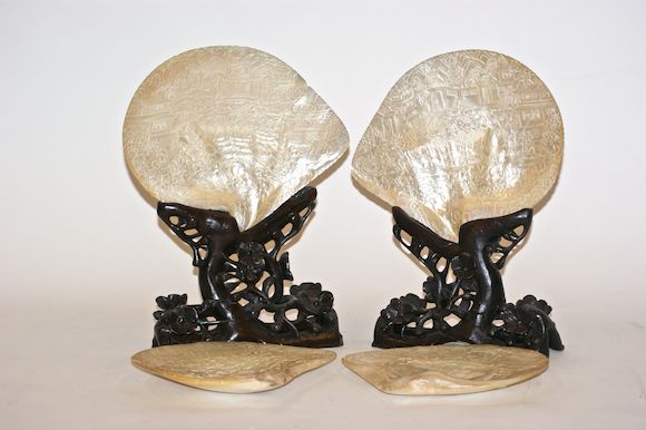 Bonhams : A pair of Chinese carved shells depicting battling warriors ...