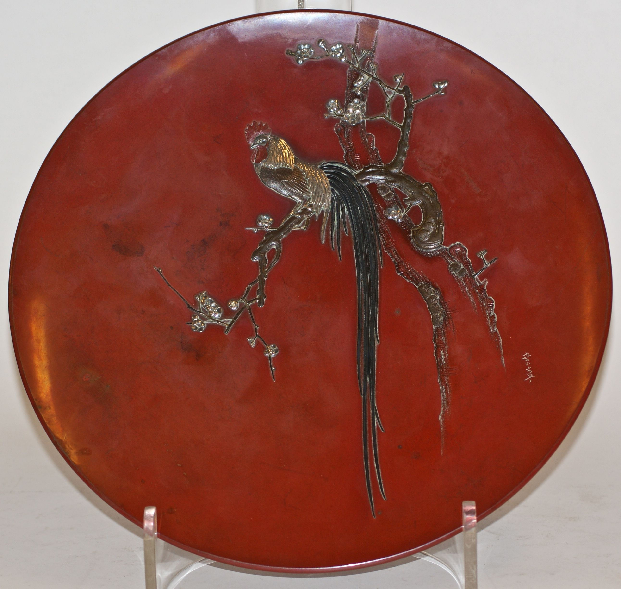 Bonhams : A Japanese patinated red bronze mixed metal plate, Meiji ...