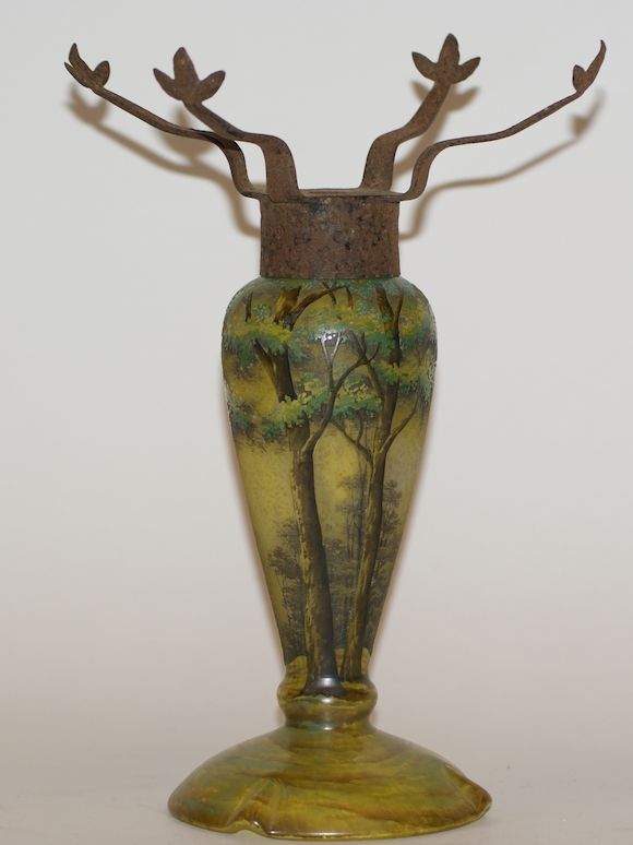 Bonhams : A Daum Nancy enamel cameo landscape lamp base