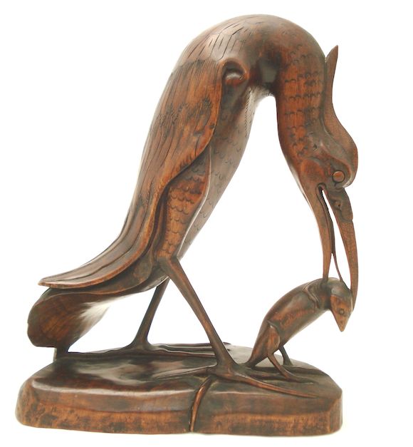Bonhams : An inlaid and carved wood stork and rat group Circa 1900