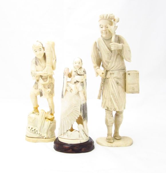 Bonhams : A sectional carved bone figure of a musician and two marine ...