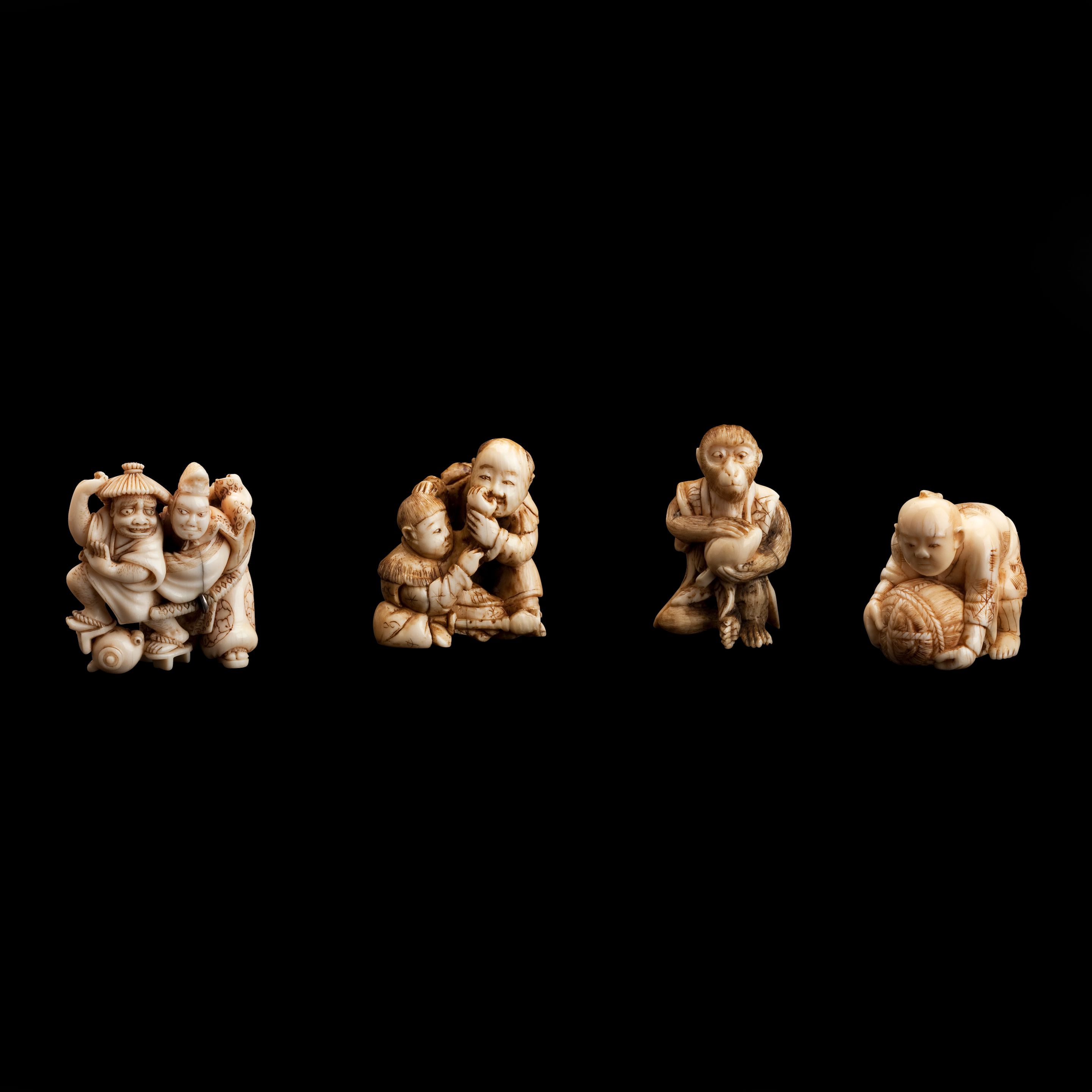 Bonhams : Four ivory and marine ivory netsuke Meiji