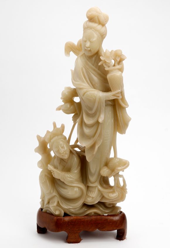 Bonhams : A large soapstone carving of Guanyin and Princess Miaoshen ...