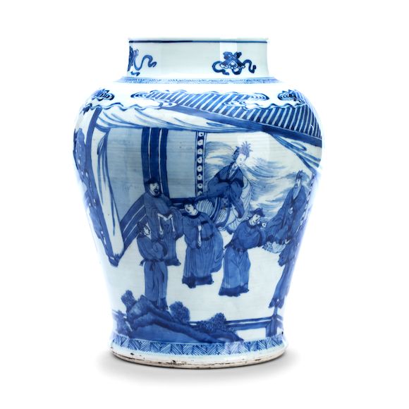 Bonhams : A blue and white jar Kangxi, marked with ribbon tied ...