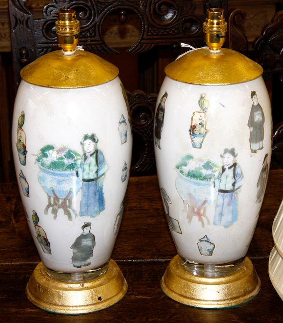 Bonhams : A pair of glass lamp bases decorated in découpage with ...