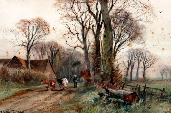 Bonhams : Henry Charles Fox (British, 1860-1925) Cattle and farmer on a ...
