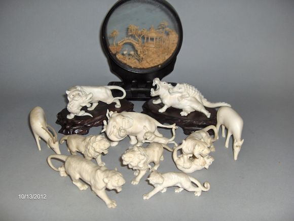 Bonhams : Ten Chinese carved ivory figures of wild animals,various wood ...