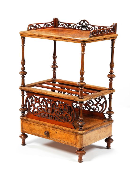 Bonhams : A mid-Victorian figured walnut Canterbury whatnot Bearing a ...