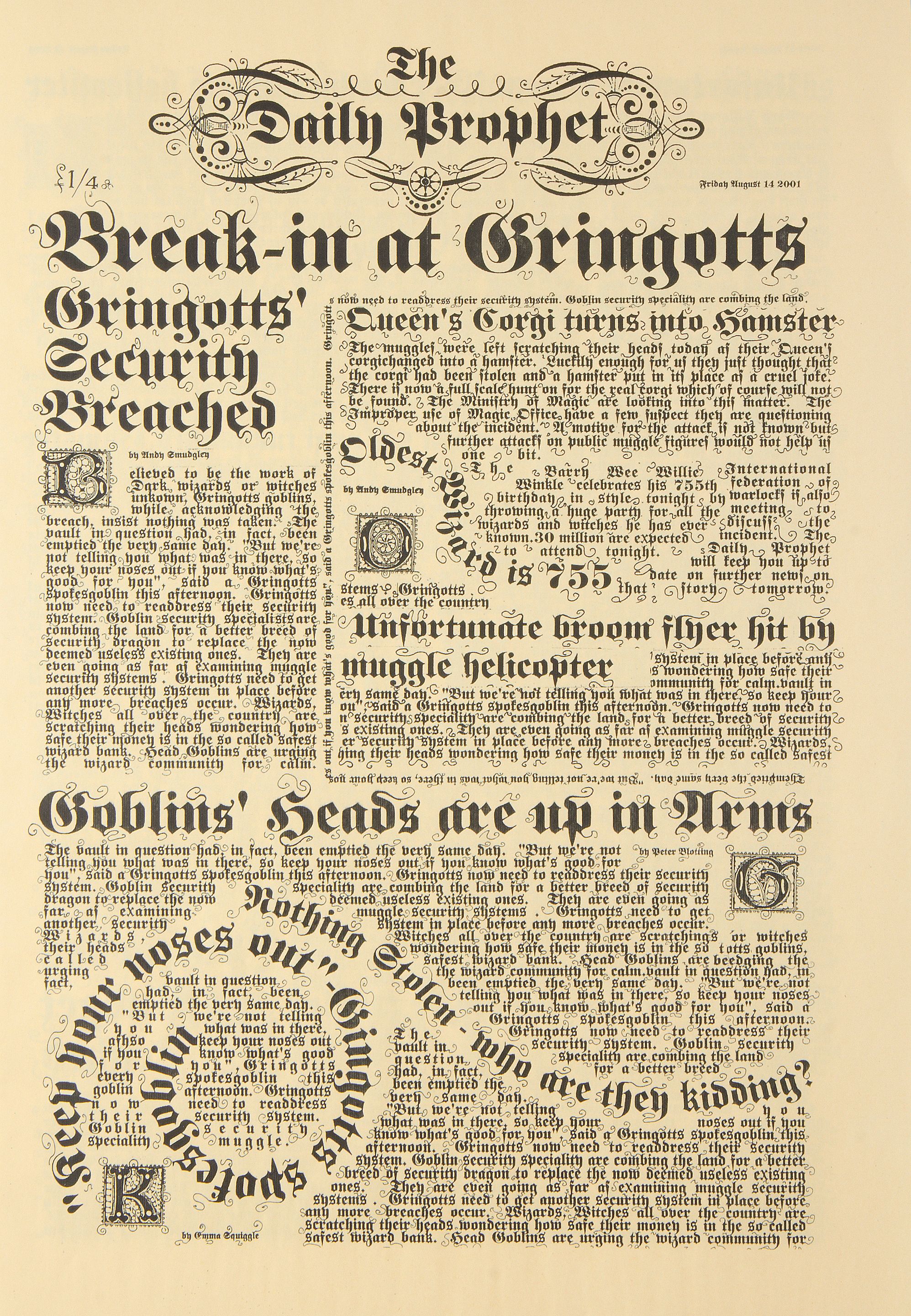 Harry Potter: A prop Daily Prophet newspaper, - auctions & price archive