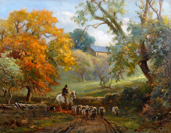 Bonhams : Ernest Higgins Rigg (British, 1868-1947) Drover and sheep in ...
