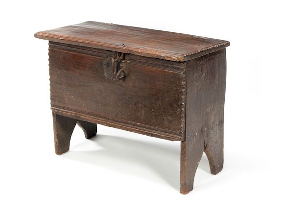 Bonhams : A 17th century small oak boarded chest