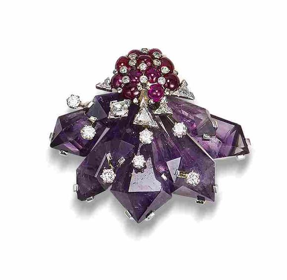 Bonhams : An amethyst, ruby & diamond clip brooch, by Ernst Paltscho,