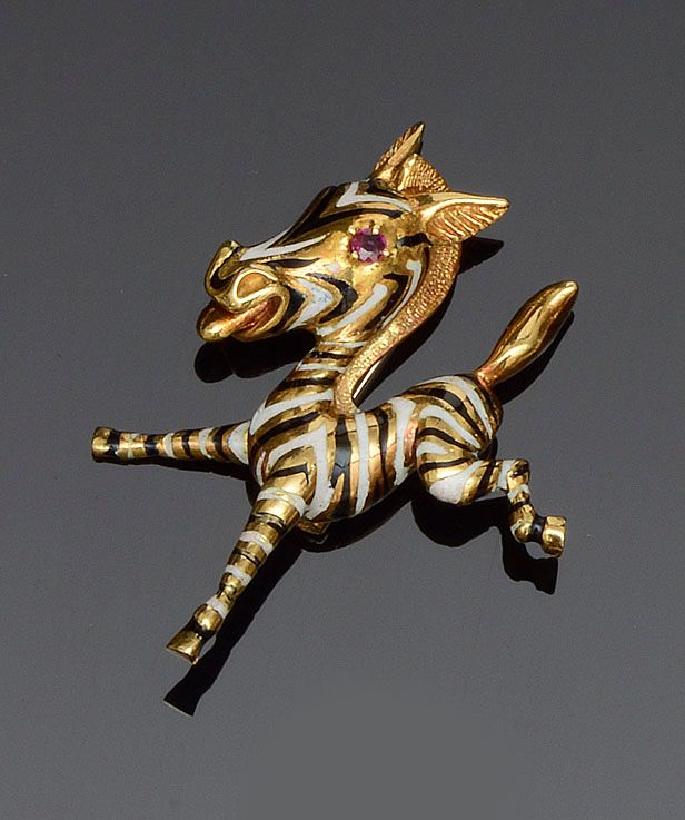 Bonhams : An 18ct gold and enamel novelty zebra brooch