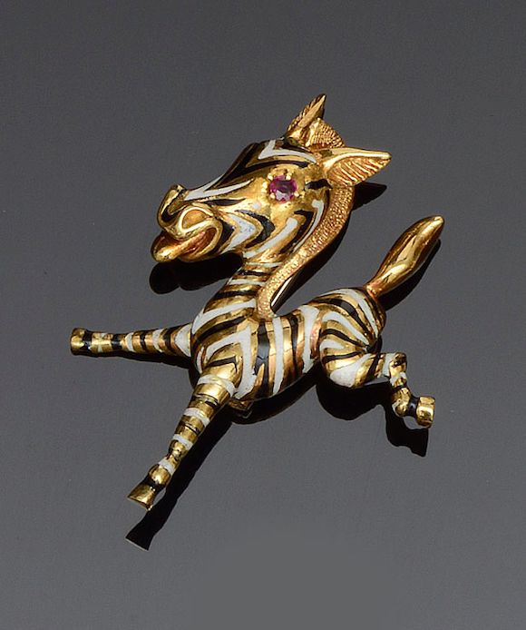 Bonhams : An 18ct gold and enamel novelty zebra brooch