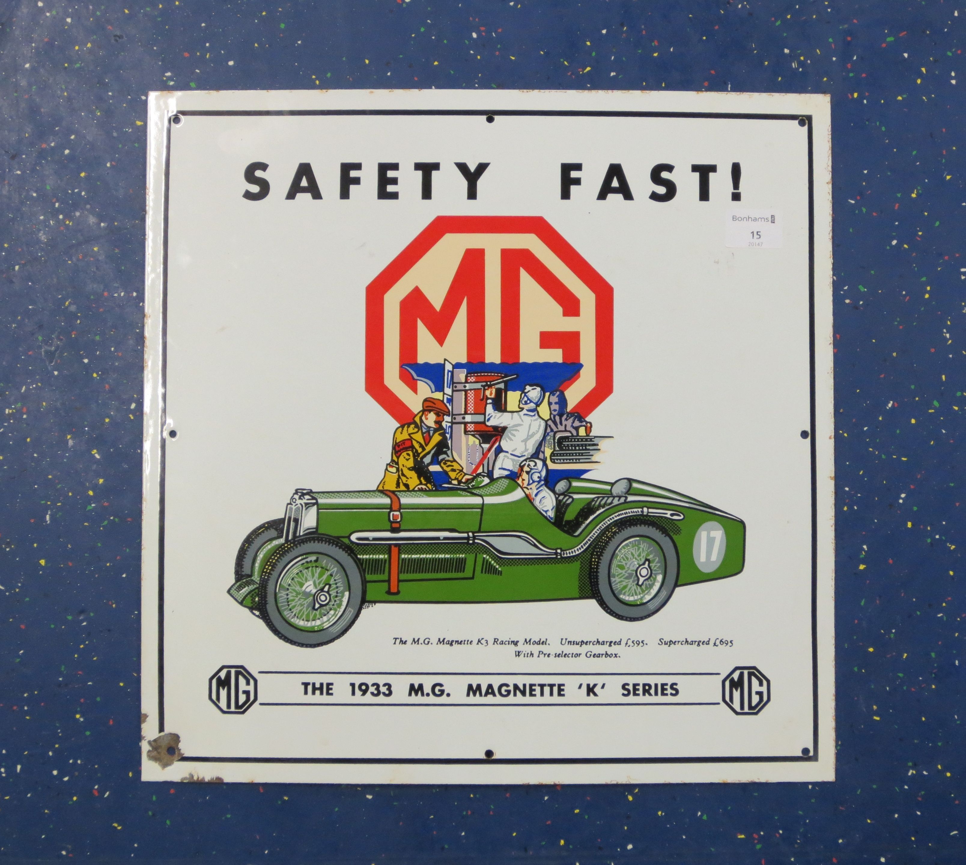 Bonhams Cars : An MG 'Safety Fast' reproduction enamel advertising sign,