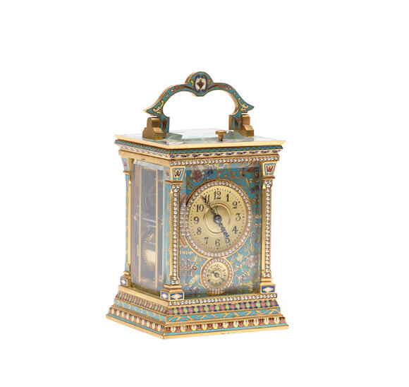 Bonhams : A late 19th century champleve enamel and split seed pearl decorated centre seconds ...