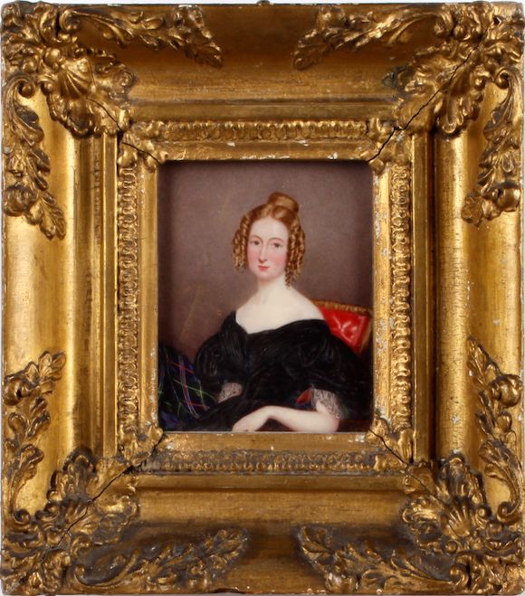 Bonhams : English School, circa 1840 A Lady, seated on a red ...