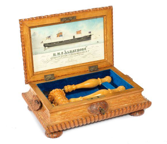 Bonhams : A carved oak launching casket, HMS Albatross 1873. 13x9x6ins ...