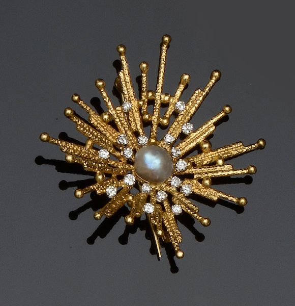 Bonhams : A cultured pearl and diamond brooch, by Peter Dollar,
