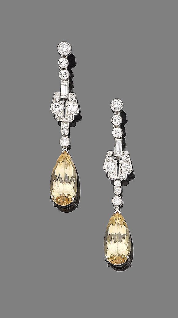 Bonhams : A pair of topaz and diamond pendent earrings