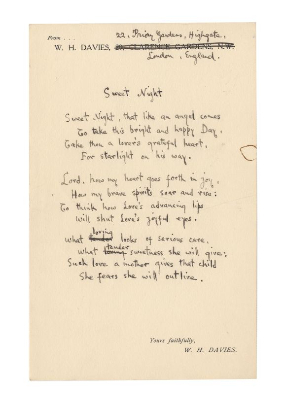 Bonhams : DAVIES, WILLIAM HENRY (1871-1940, Welsh poet) THREE AUTOGRAPH ...