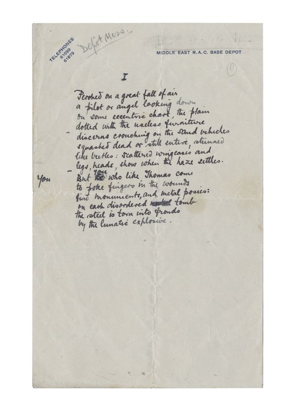 Bonhams : DOUGLAS, KEITH (1920-1944, poet) AUTOGRAPH MANUSCRIPT OF HIS ...