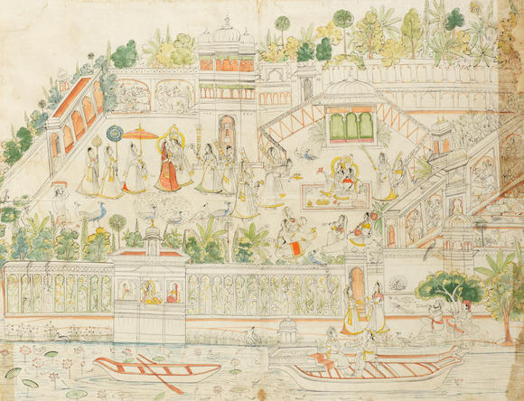 Bonhams A Large Palace Scene With Radha And Krishna Entertained By