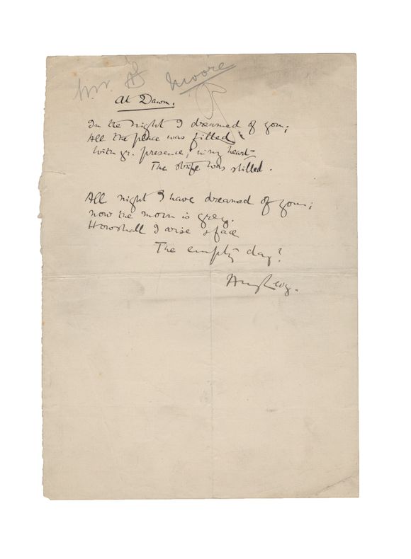 Bonhams : LEVY, AMY (1861-1889) AUTOGRAPH MANUSCRIPT OF HER POEM 'AT ...